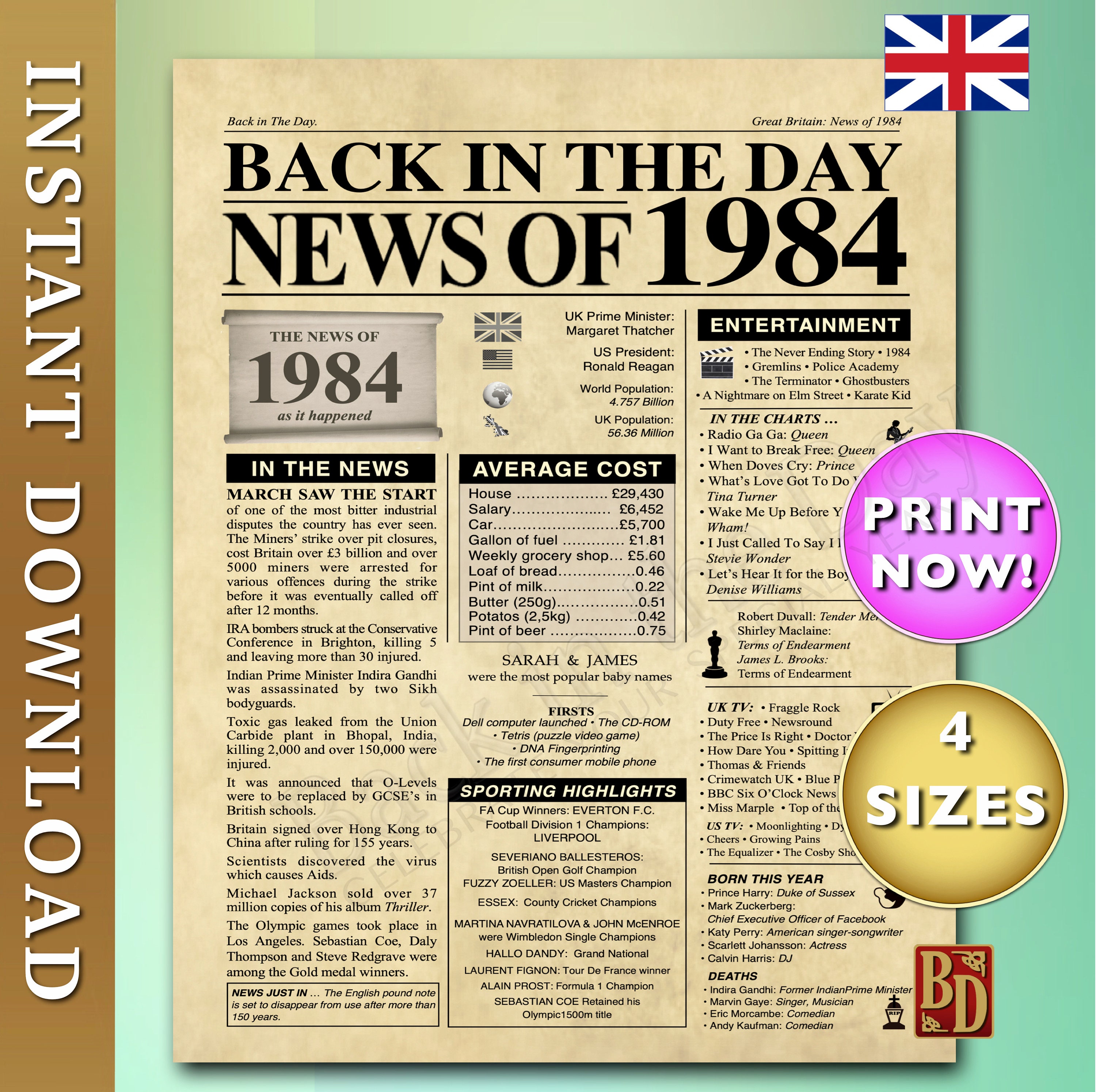 1984, Celebration News Poster, Back in the Day 1984. UK Version - Etsy