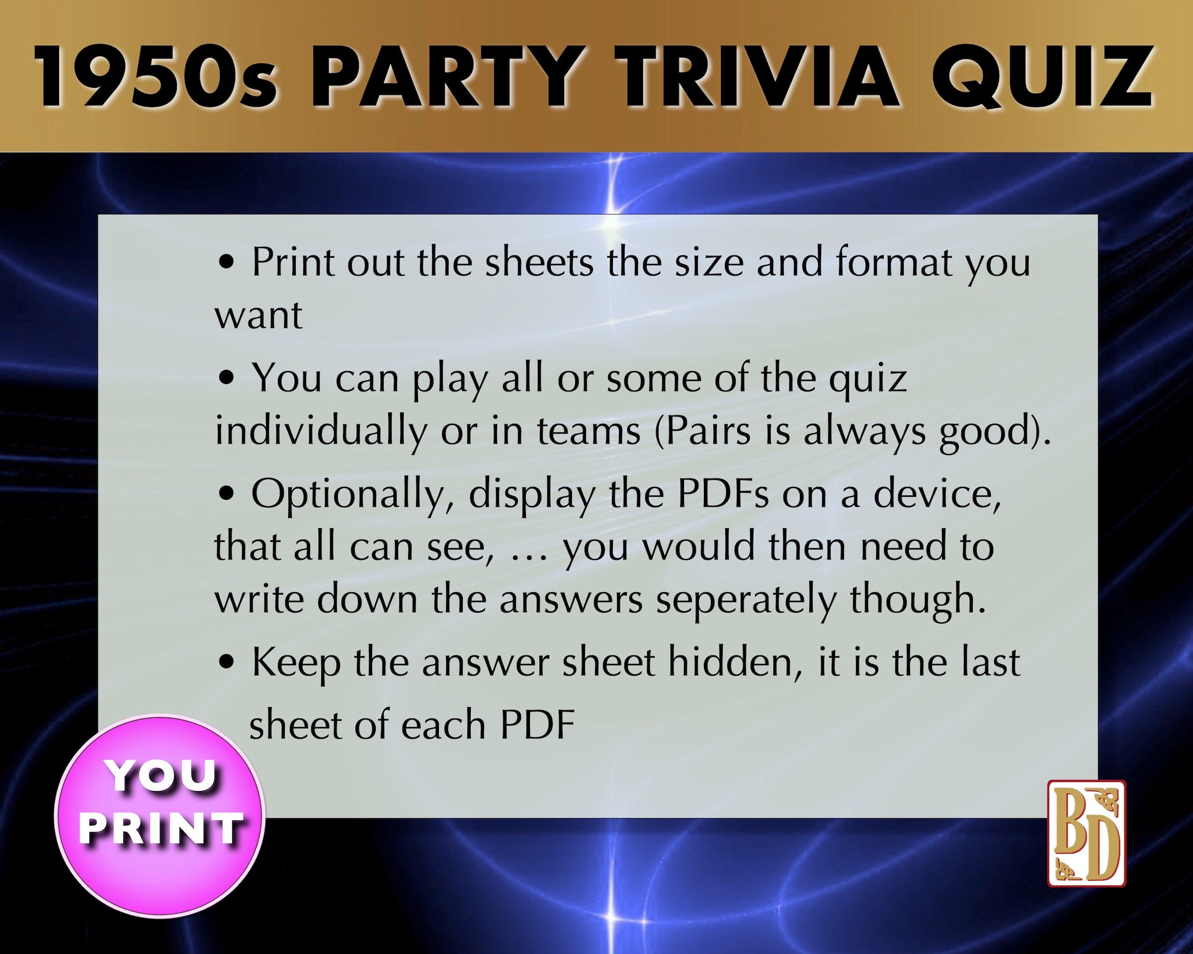 1950's Printable Trivia Quiz Game Bundle Instant - Etsy