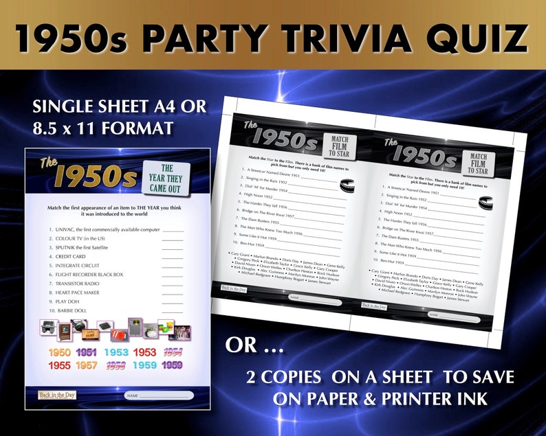 1950's Printable, Trivia Quiz Game Bundle, Instant Download, Party Gift, - Etsy