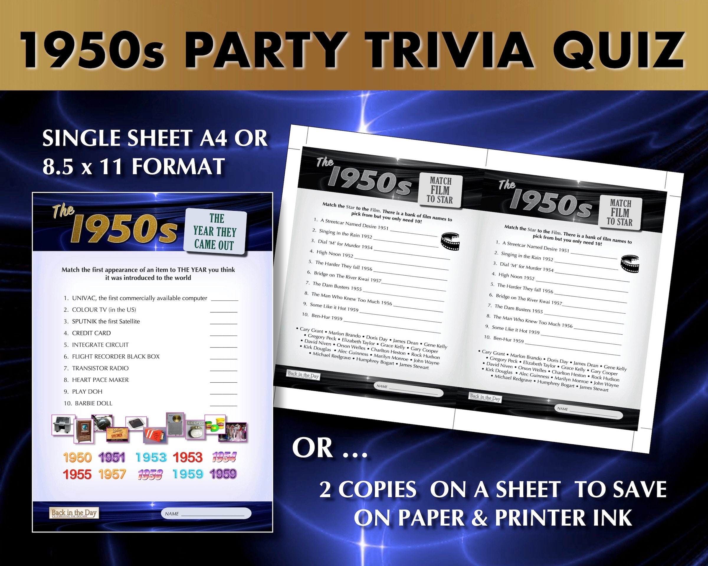 1950's Printable Trivia Quiz Game Bundle Instant - Etsy