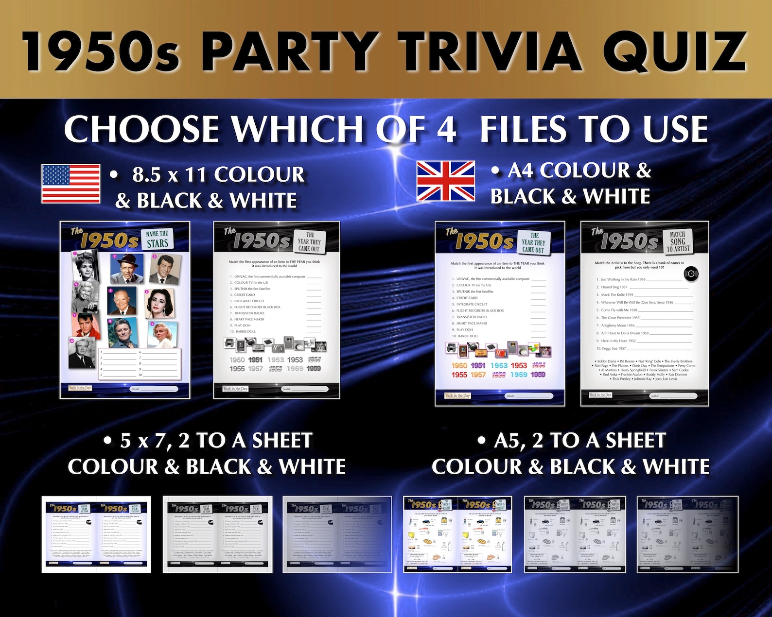 1950's Printable Trivia Quiz Game Bundle Instant - Etsy