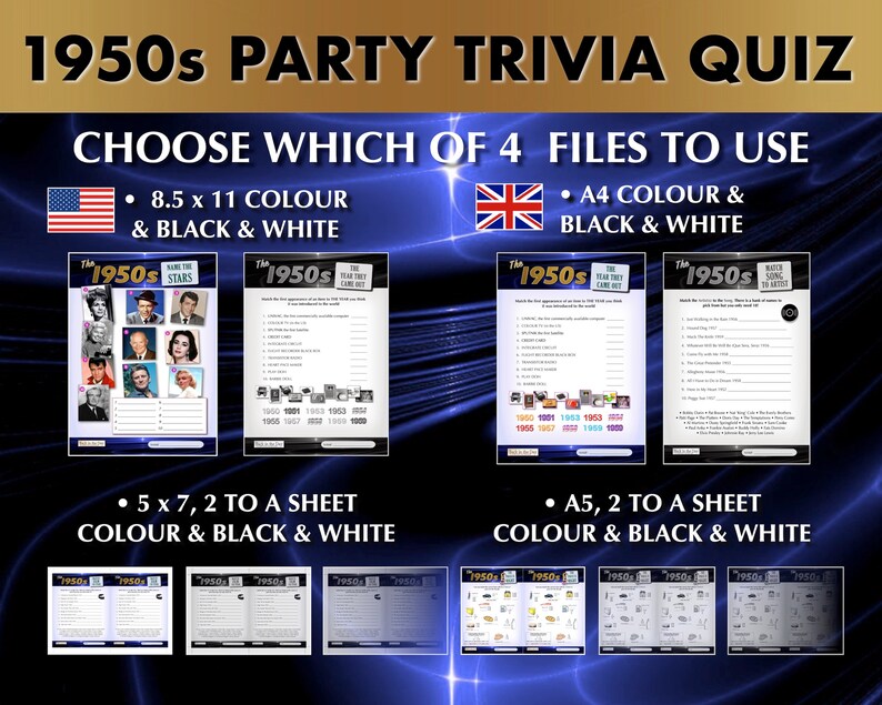 1950's Printable, Trivia Quiz Game Bundle, Instant Download, Party Gift, - Etsy