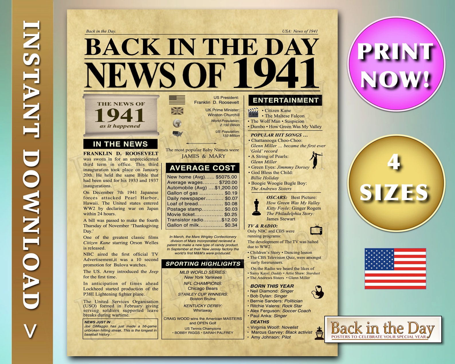 The Year You Were Born 1941 Celebration News Poster Back in - Etsy