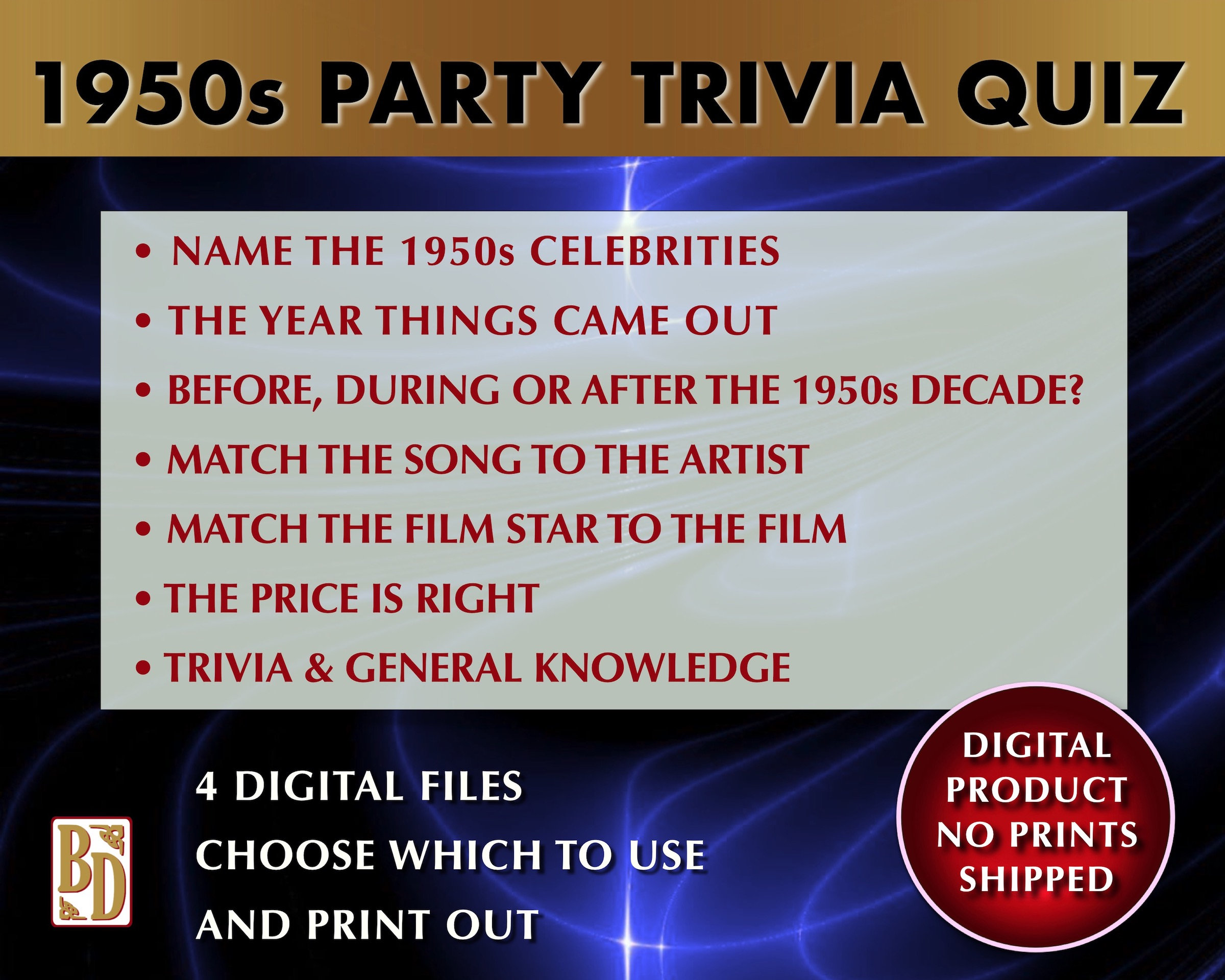 1950's Printable, Trivia Quiz Game Bundle, Instant Download, Party Gift ...