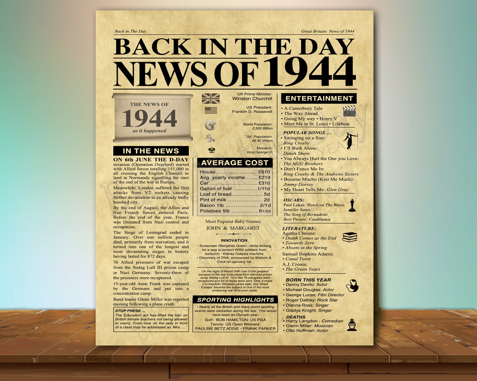 1944, Celebration News Poster, Back in the Day 1944. UK Version - Etsy