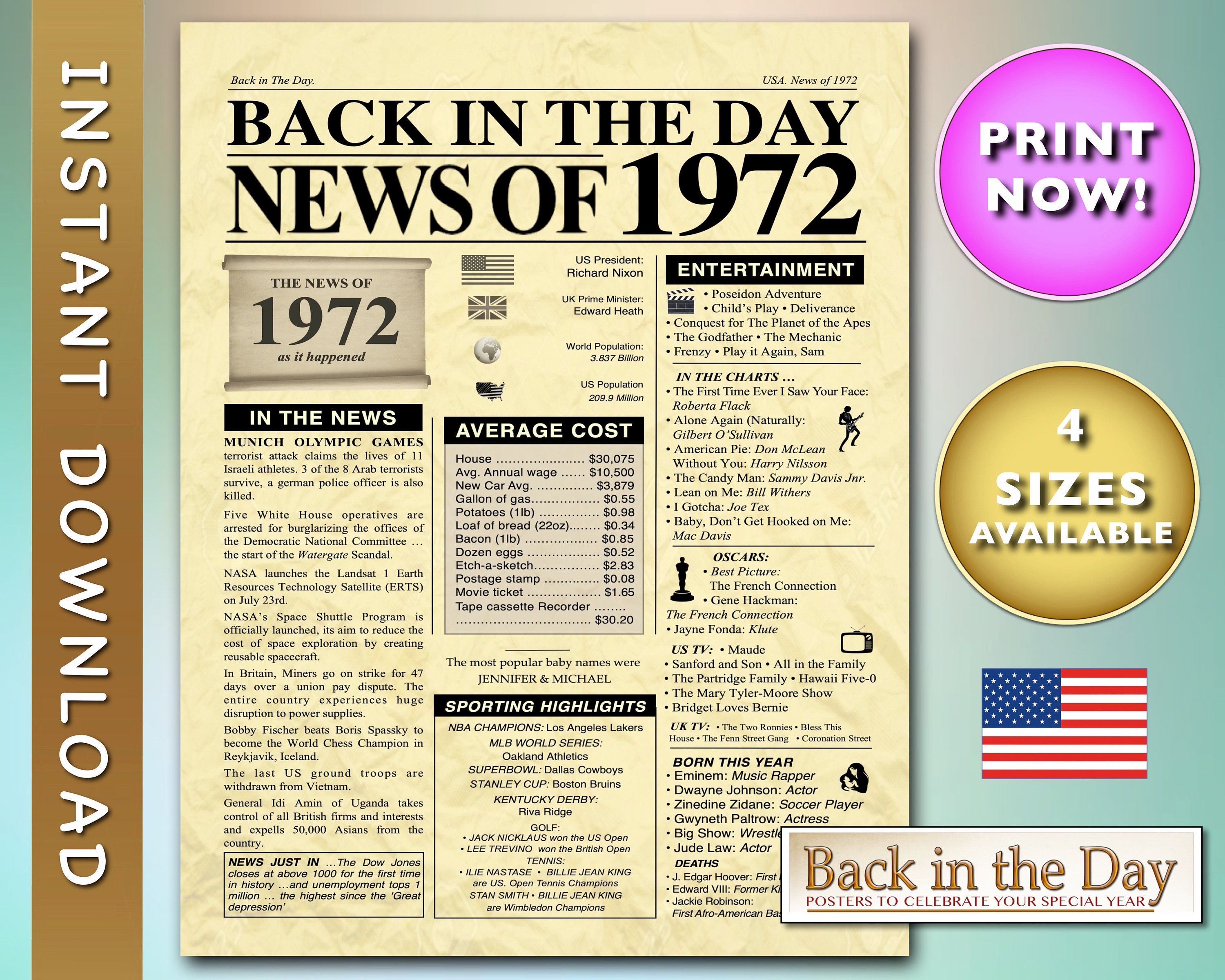 50 Years Ago Back in 1972 Old Newspaper Style Anniversary - Etsy