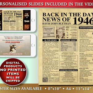 Personalised 1940s Newspaper Poster AND VIDEO UK Version for Any Year ...
