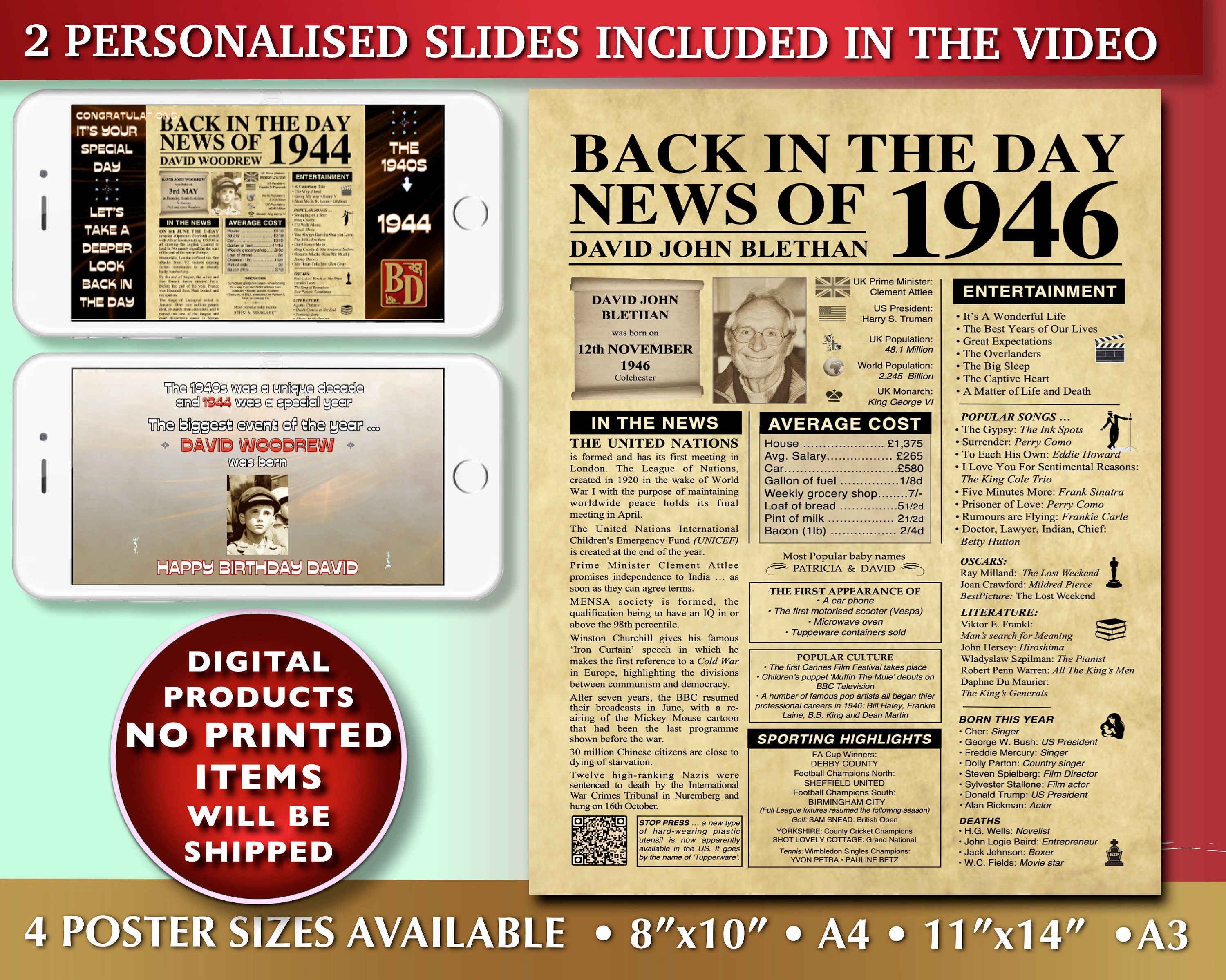 Personalised 1940s Newspaper Poster AND VIDEO UK Version for Any Year ...