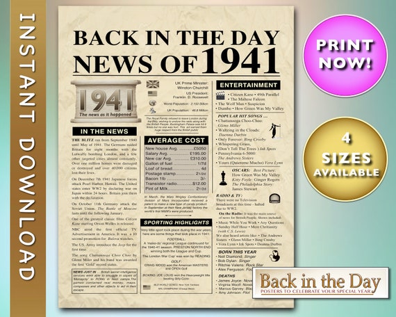 The Year You Were Born 1941 Celebration News Poster Back in | Etsy