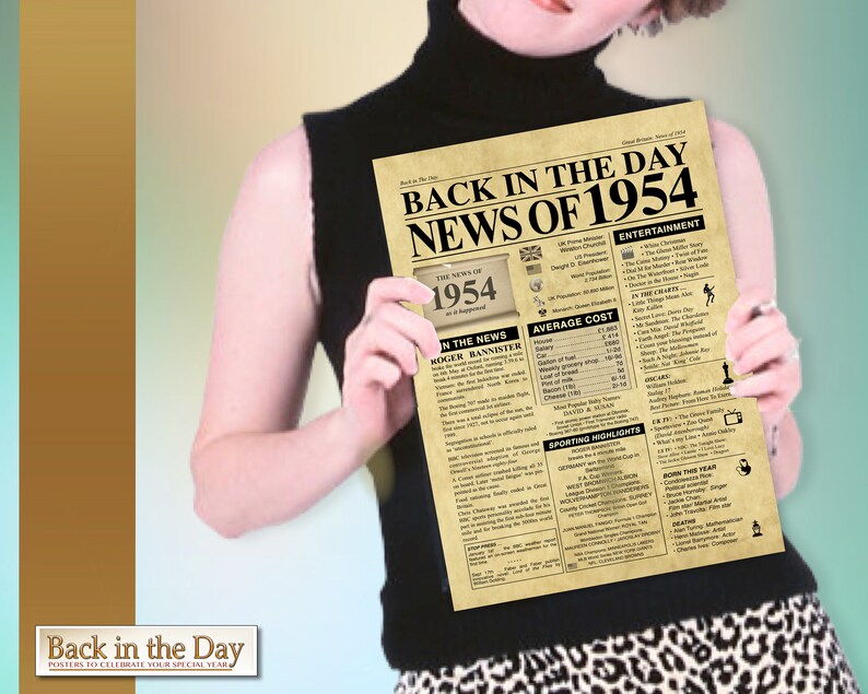 1954, Celebration News Poster, Back in the Day 1954. UK Version - Etsy