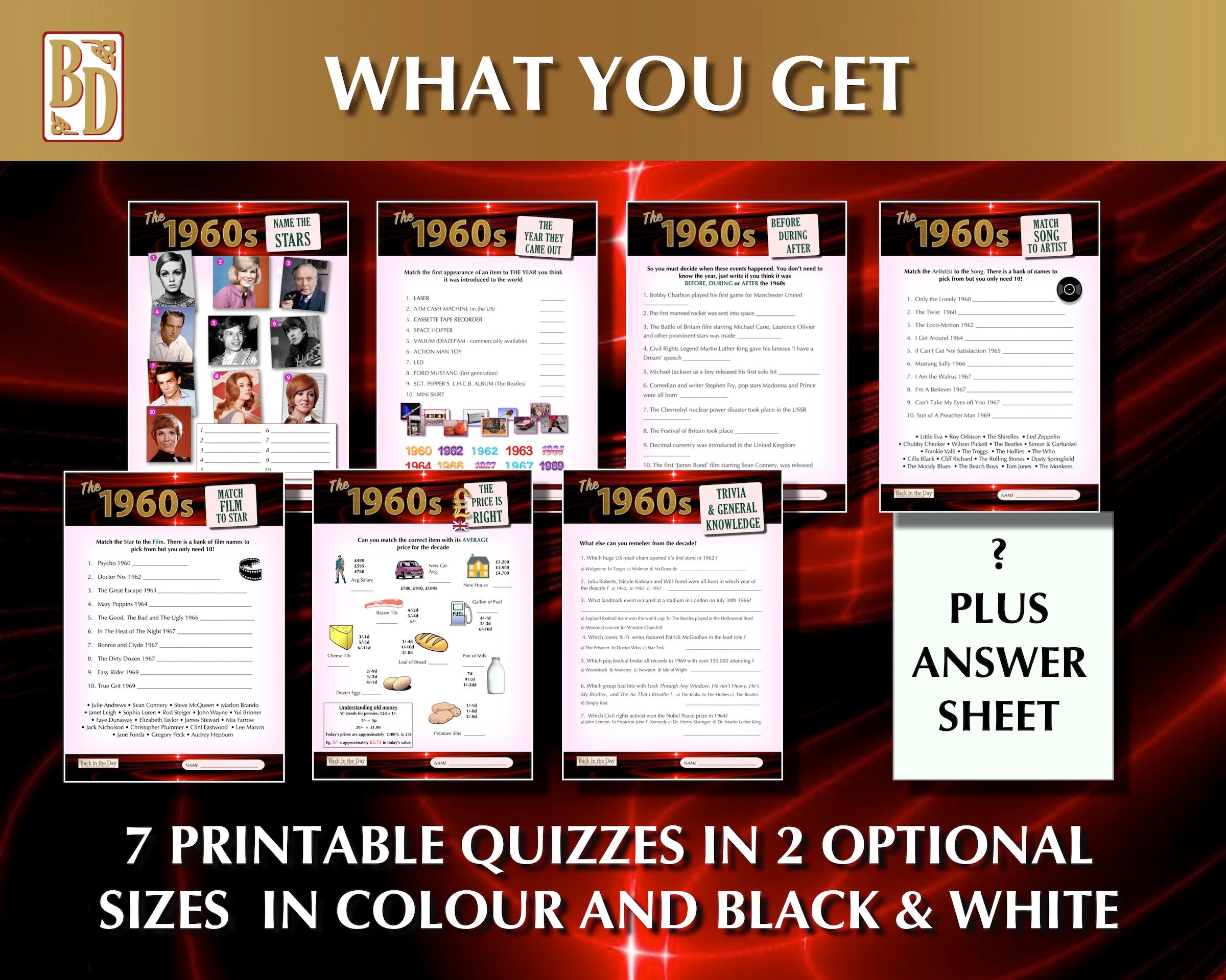 1960's Printable, Trivia Quiz Game Bundle, Instant Download, Party Gift ...