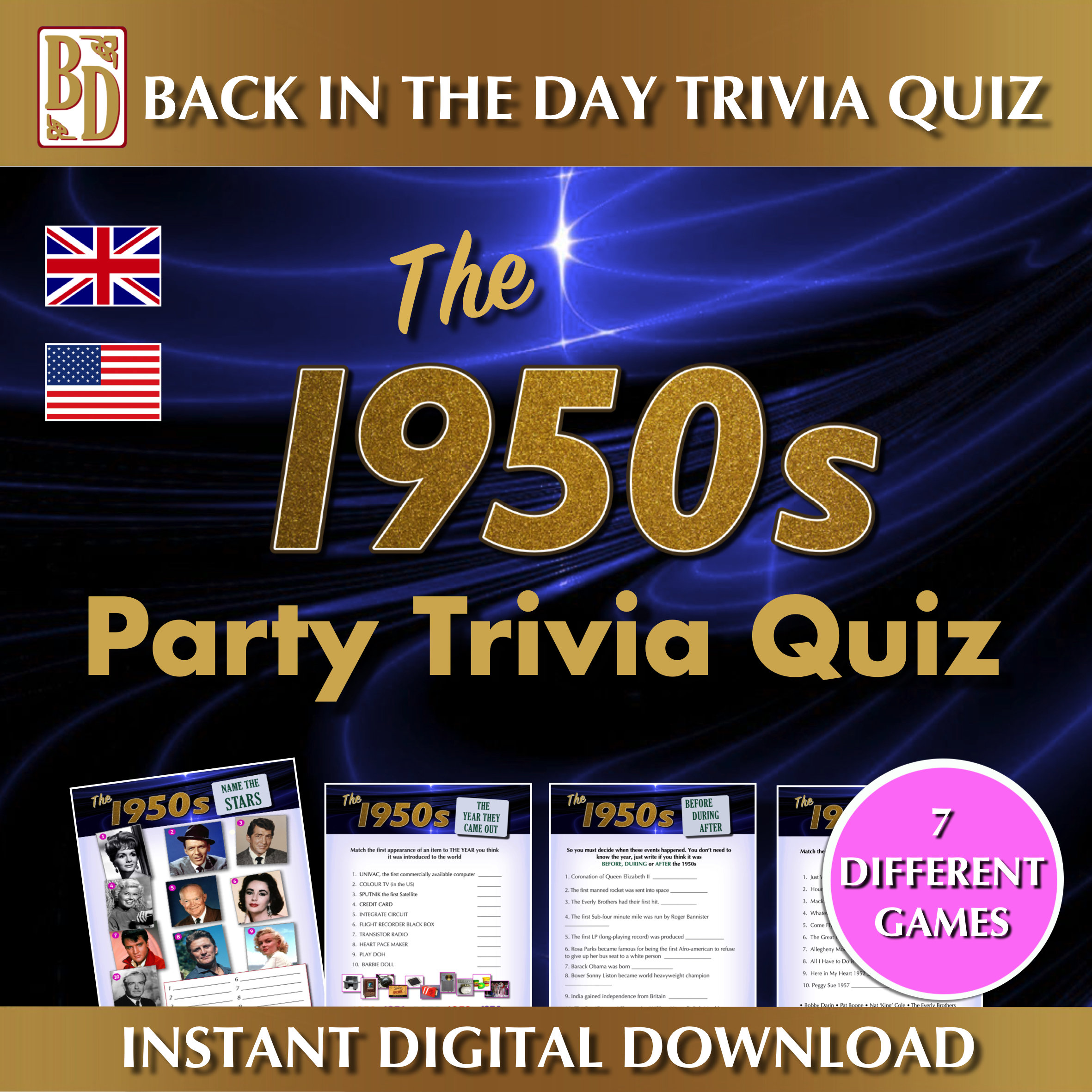1950's Printable, Trivia Quiz Game Bundle, Instant Download, Party Gift ...