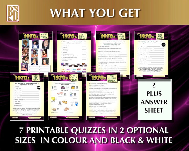 1970's Printable, Trivia Quiz Game Bundle, Instant Download, Party Gift ...