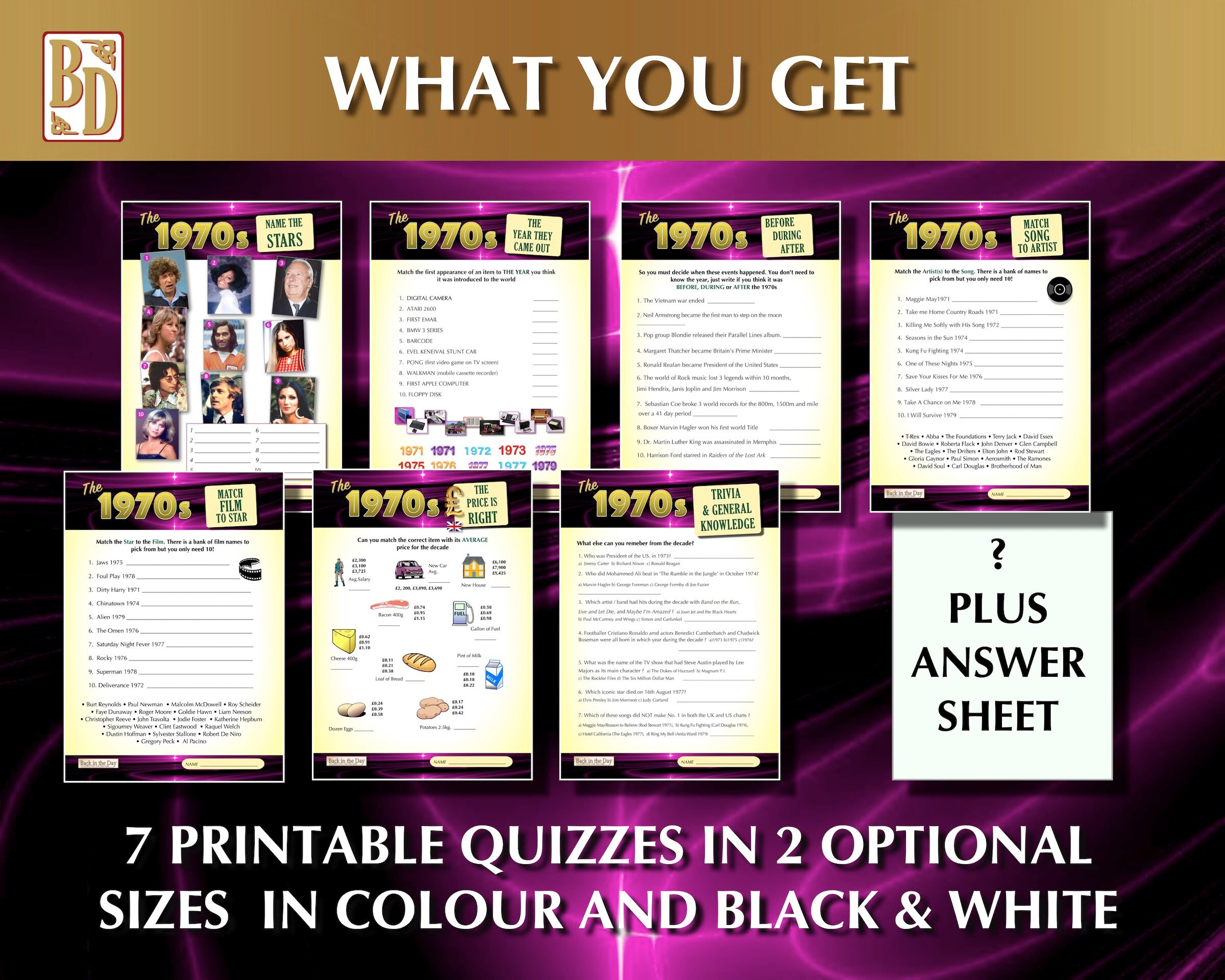 1970's Printable, Trivia Quiz Game Bundle, Instant Download, Party Gift ...