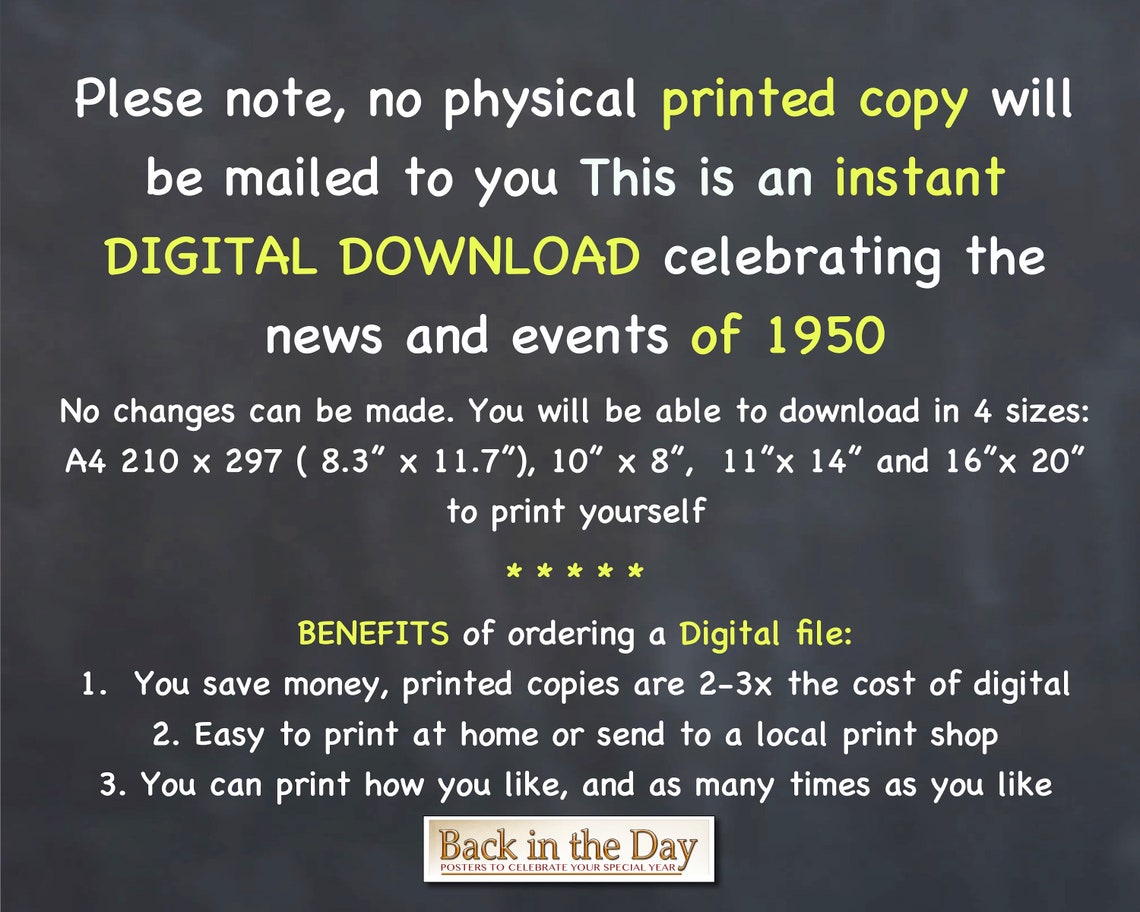Back in 1950 Poster. the Year You Were Born Celebration News - Etsy