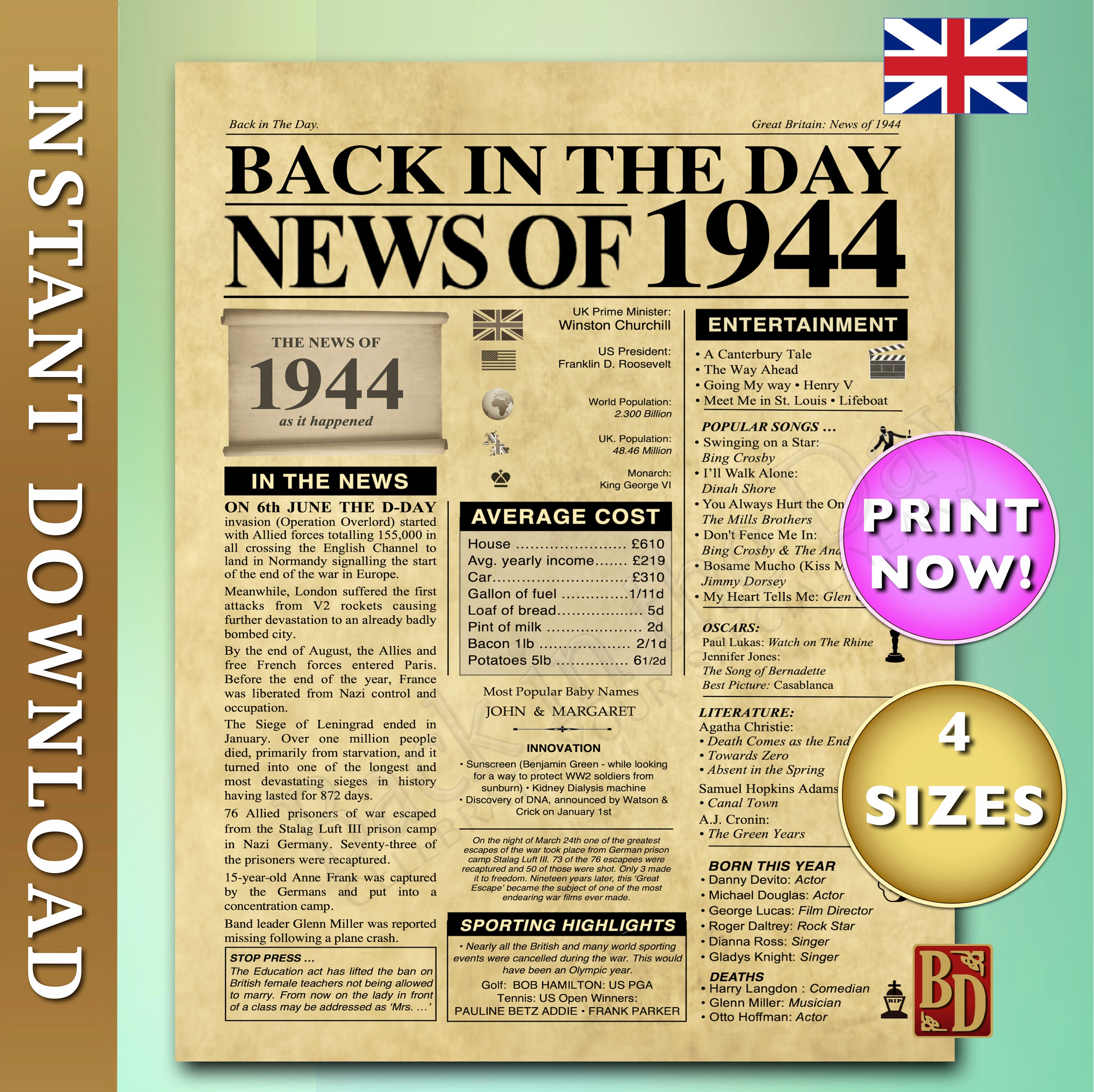 1944, Celebration News Poster, Back in the Day 1944. UK Version - Etsy