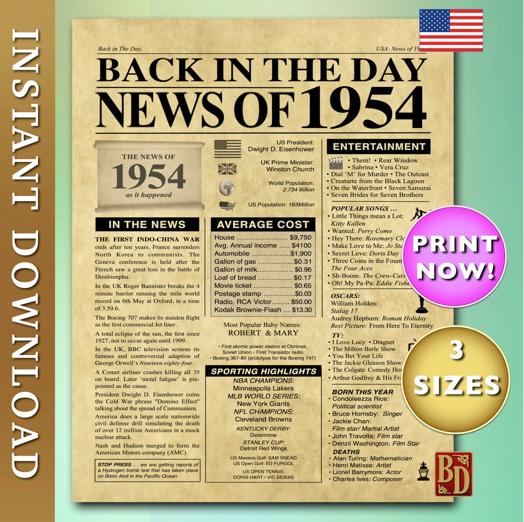 1954, Celebration News Poster, Back in the Day 1954. US Version - Etsy