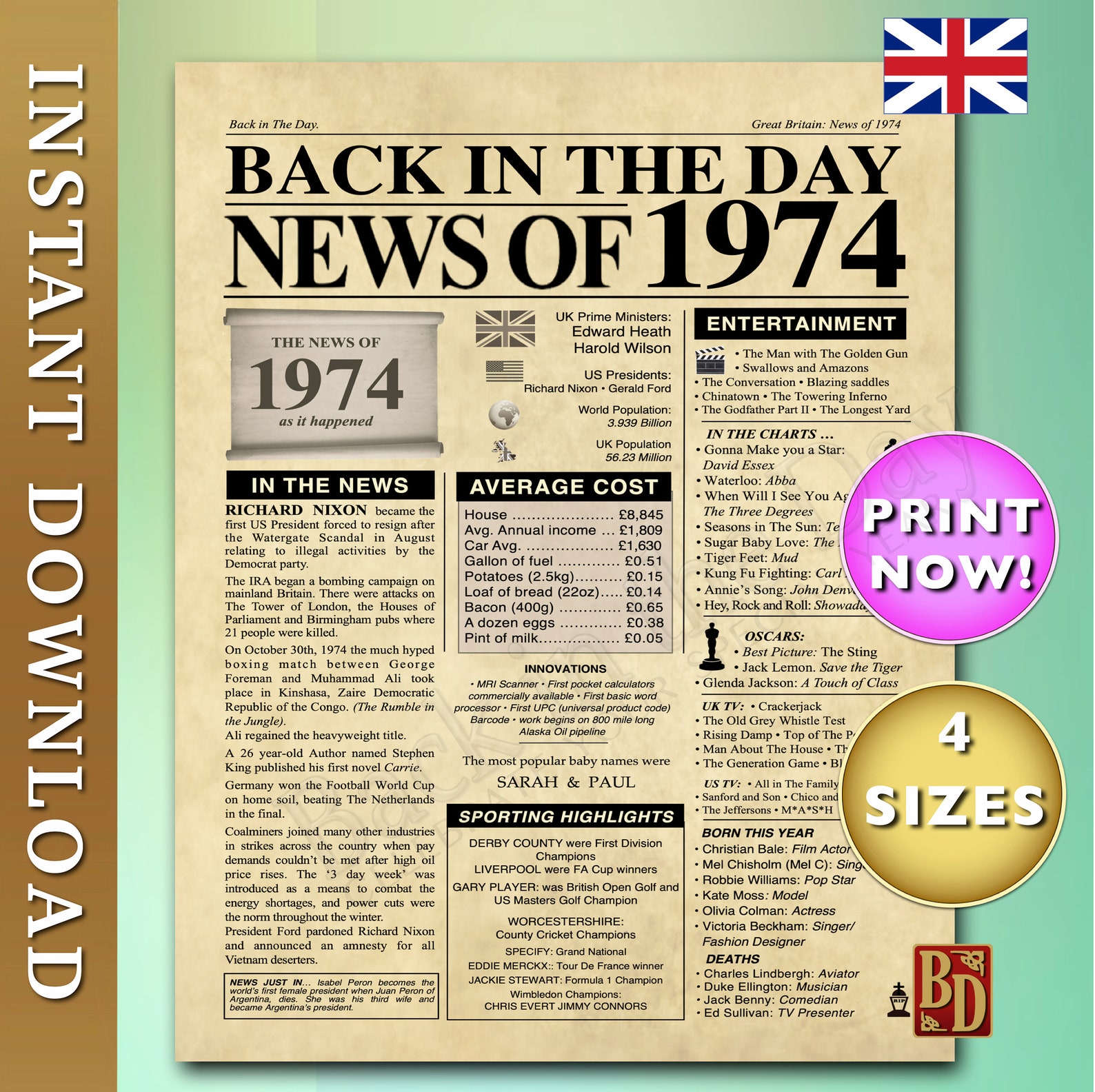 1974, Celebration News Poster, Back in the Day 1974. UK Version - Etsy