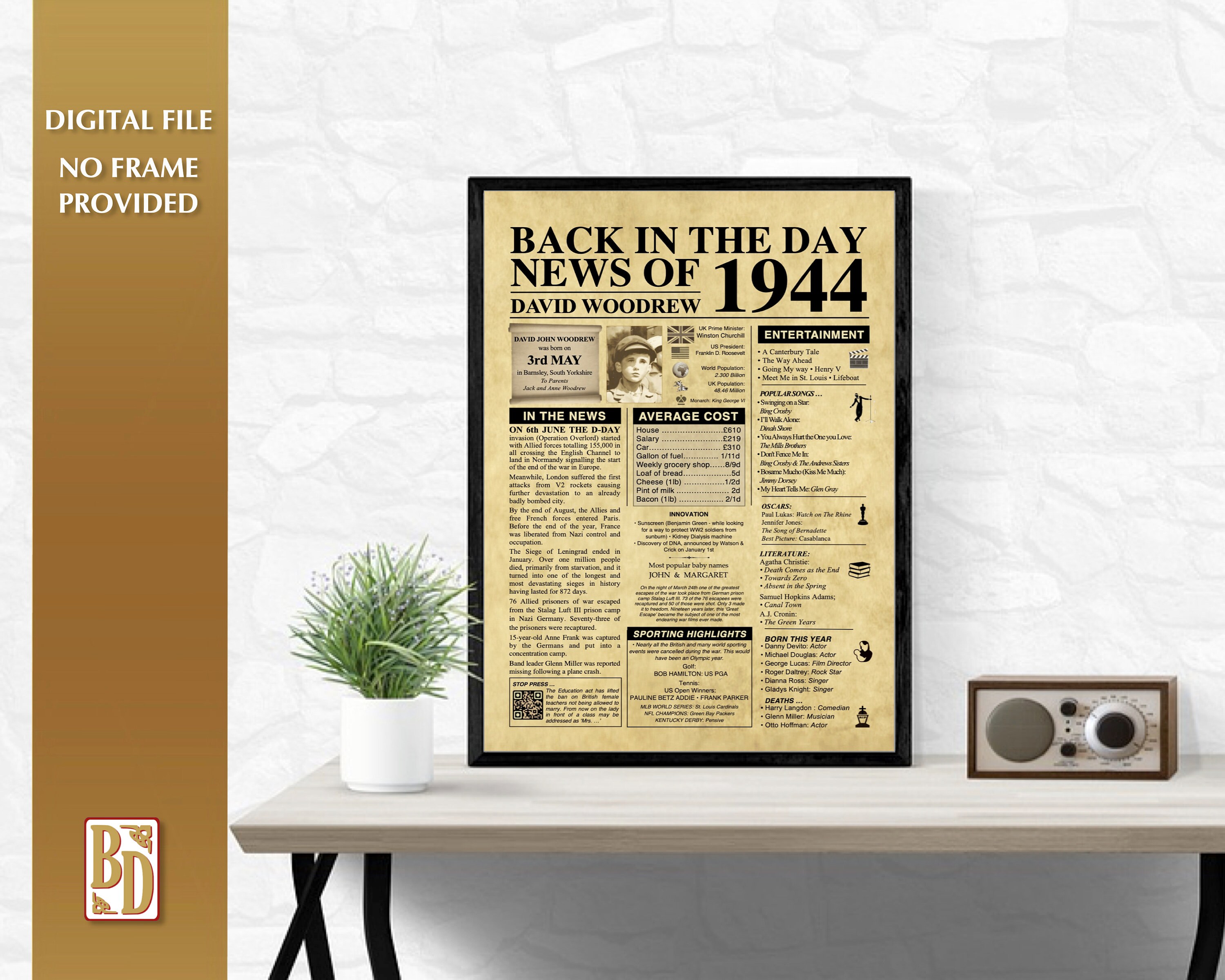 Personalised 1940s Newspaper Poster AND VIDEO UK Version for Any Year ...