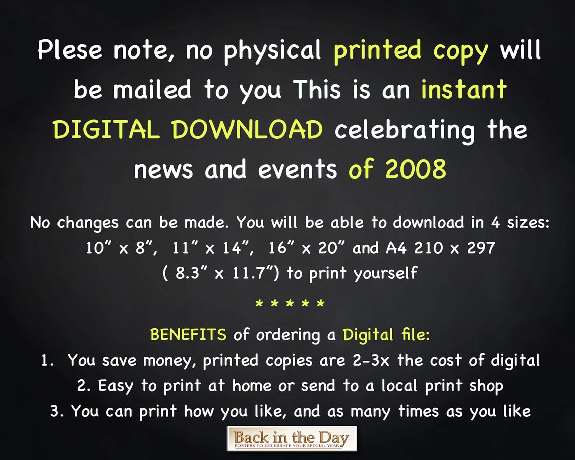 The Year You Were Born 2008, Celebration Chalkboard Style Poster, Back ...