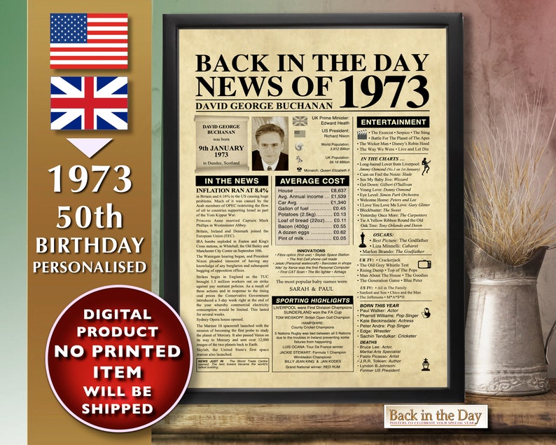 Back in 1973 Poster, 50th Birthday PERSONALISED Poster, Newspaper Sign ...