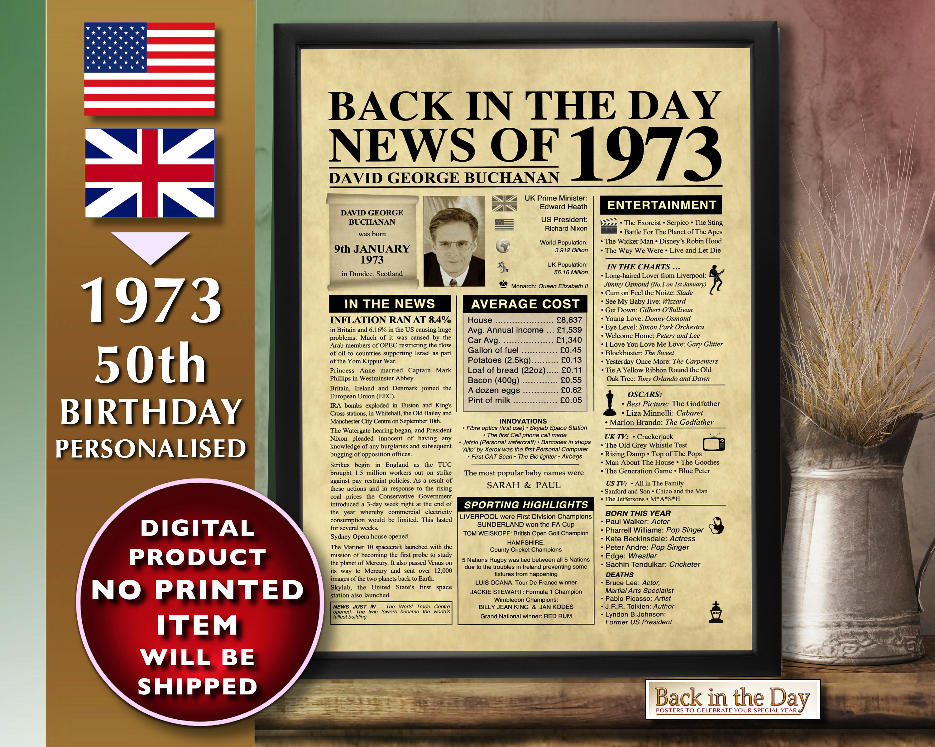 Back in 1973 Poster, 50th Birthday PERSONALISED Poster, Newspaper Sign ...