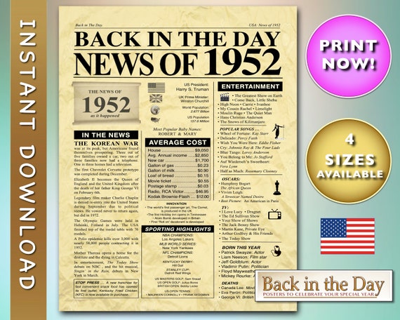 70 Years Ago Back in 1952 Old Newspaper Style Anniversary | Etsy