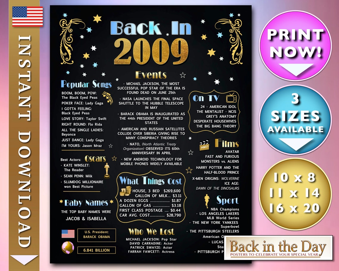 The Year You Were Born 2009, Celebration Chalkboard Style Poster, Back ...