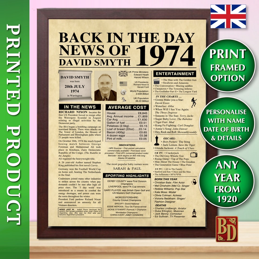 Personalised Newspaper Style Poster (PRINTED) - Any Year Facts - Etsy UK