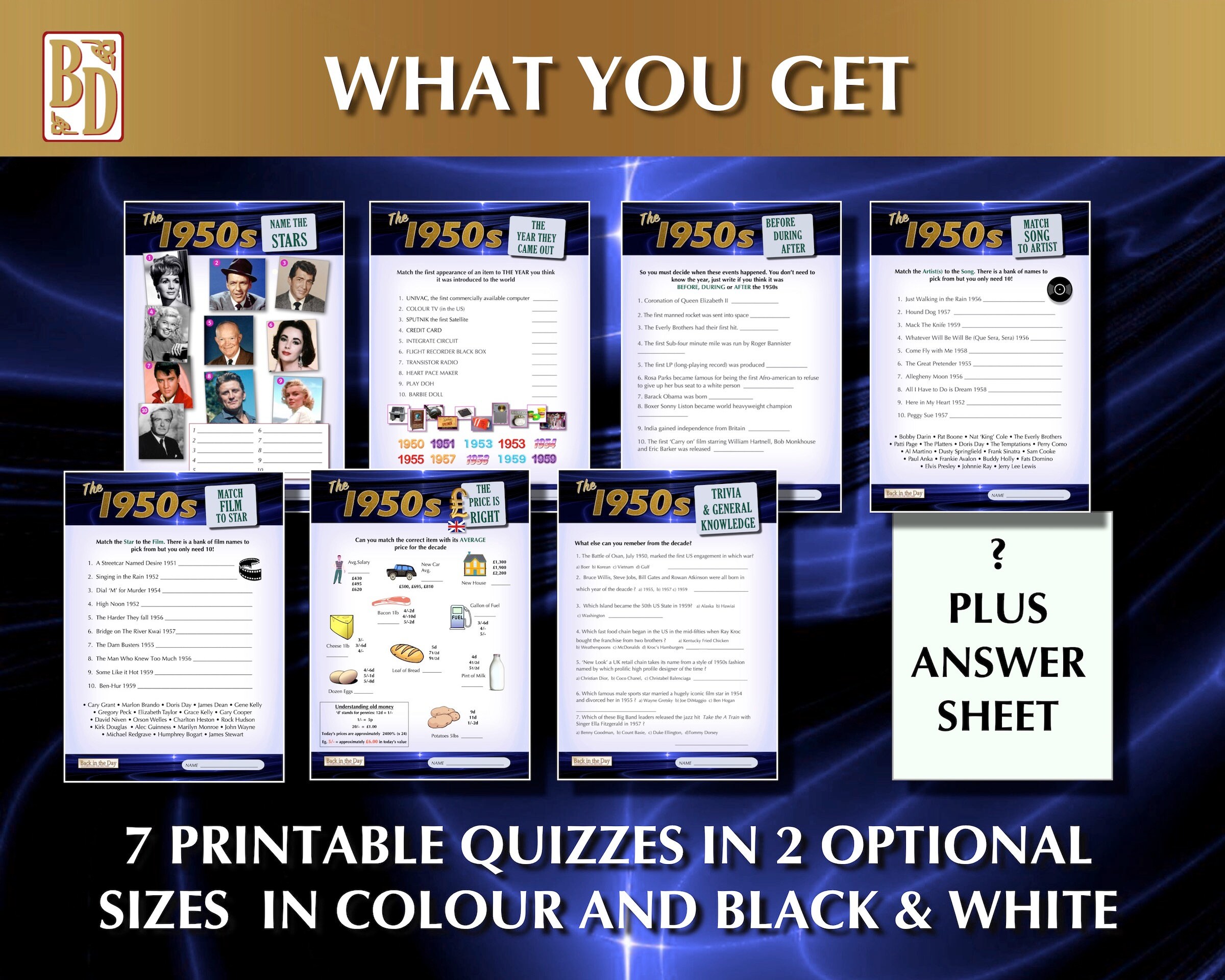 1950's Printable, Trivia Quiz Game Bundle, Instant Download, Party Gift ...