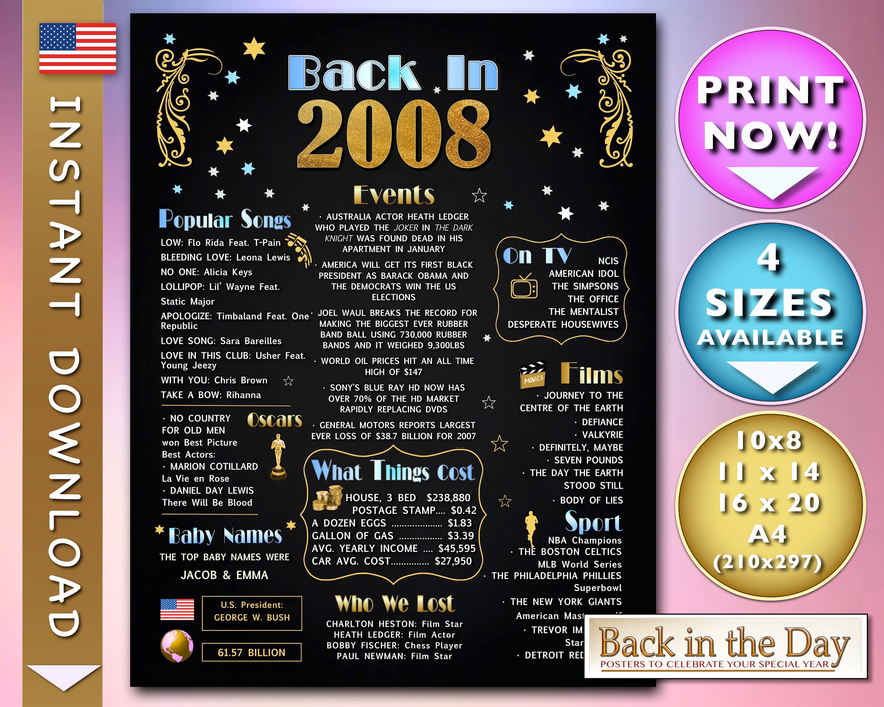 The Year You Were Born 2008, Celebration Chalkboard Style Poster, Back ...