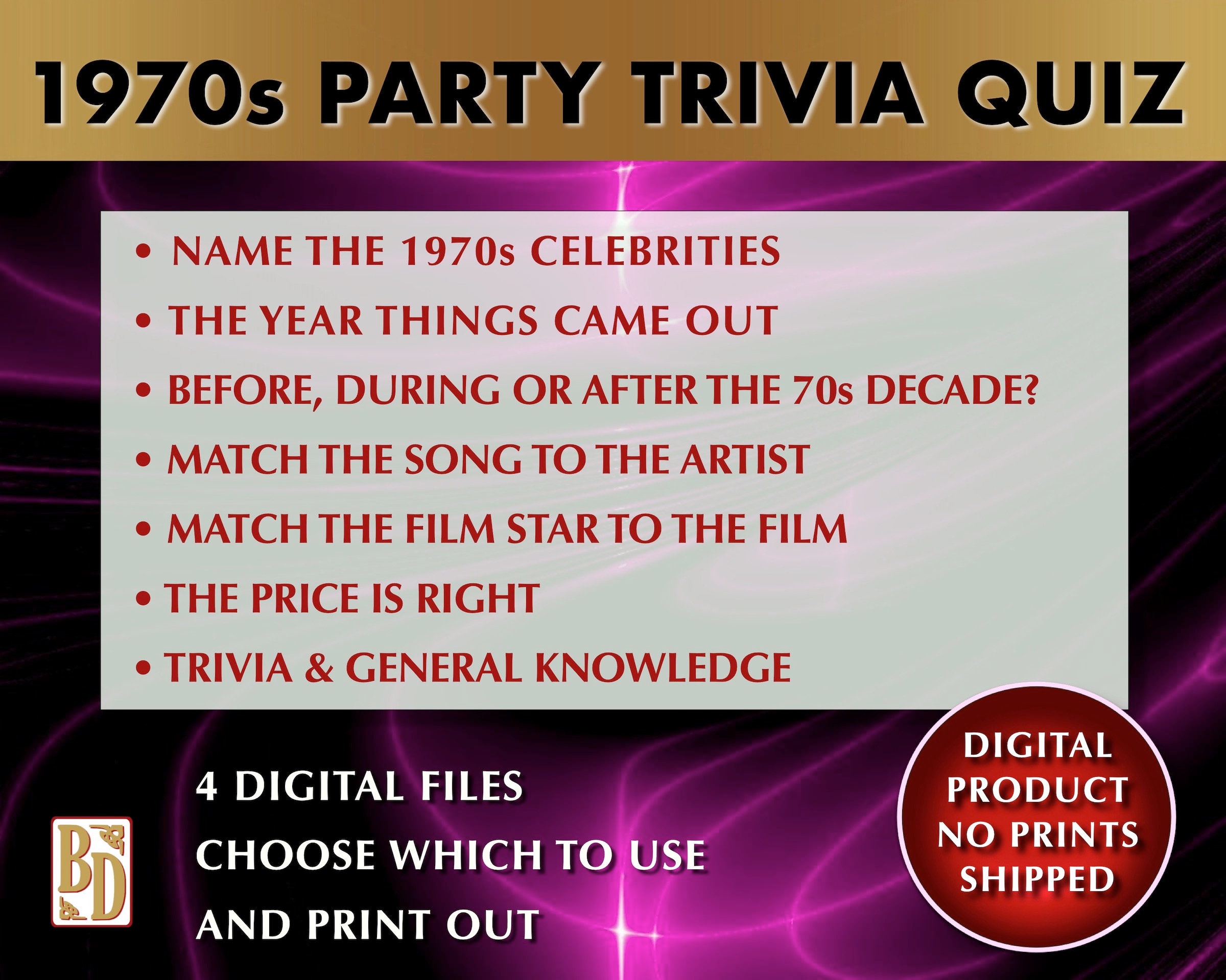 1970's Printable, Trivia Quiz Game Bundle, Instant Download, Party Gift ...