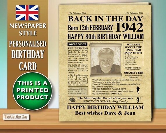 1942 Personalised 80th Birthday Card Newspaper Style - Etsy UK