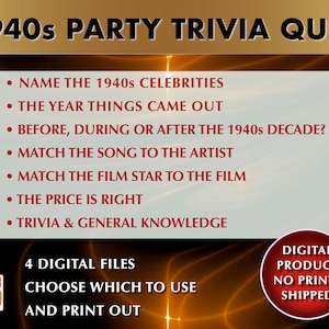 1940's Printable, Trivia Quiz Game Bundle, Instant Download, Party Gift ...
