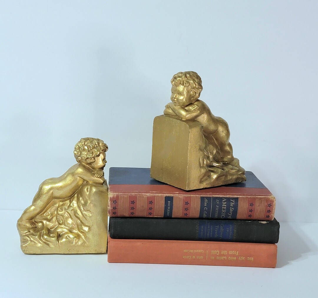 1995 CBK Brand Gold Tone Ceramic Cherub Bookends, Vintage Gold Colored ...