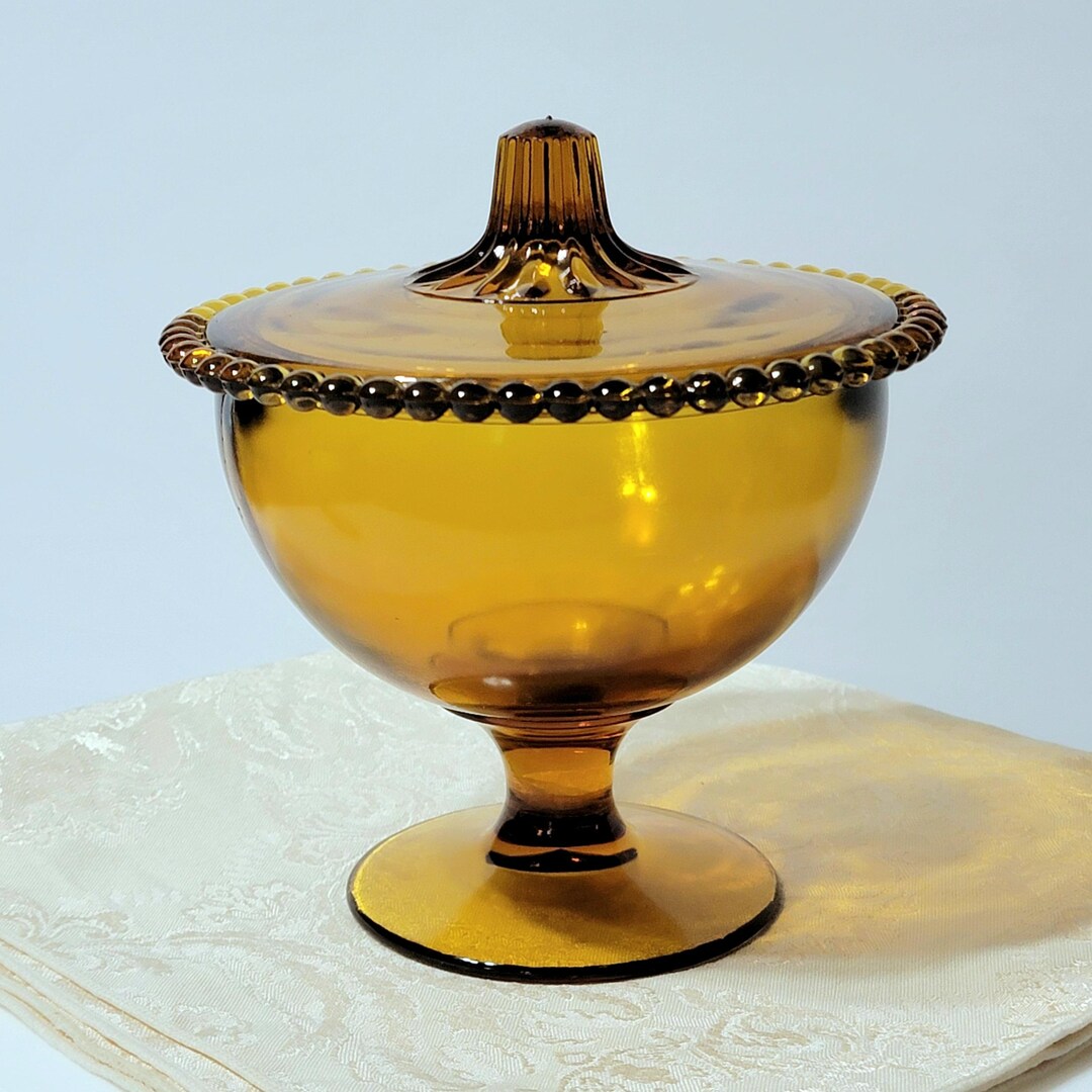 Vintage Amber Glass Compote: 1960s Indiana Glass Beaded Candy Dish ...