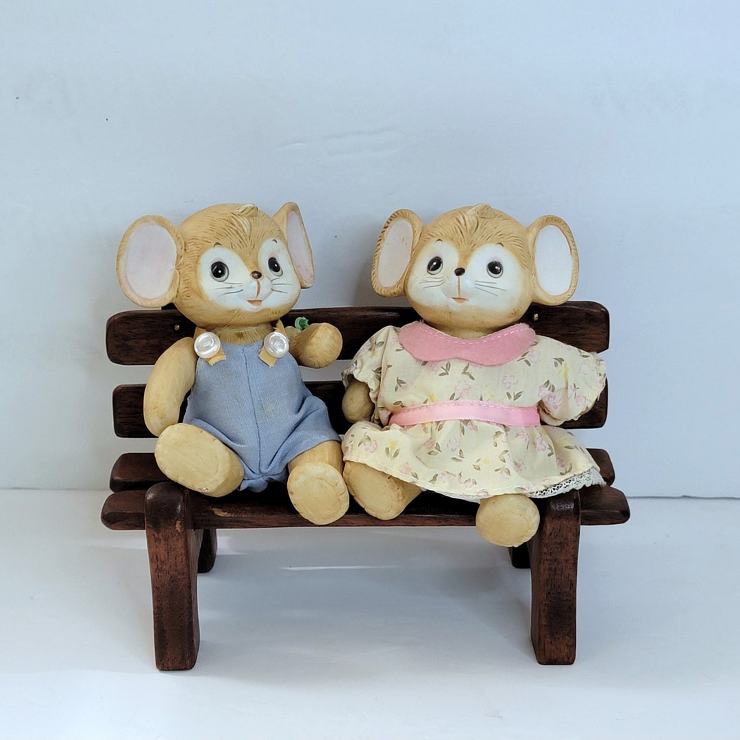 1980s Homco Poseable Ceramic Mice With Wooden Bench, Jointed Mice Figurines, Country Mice ...