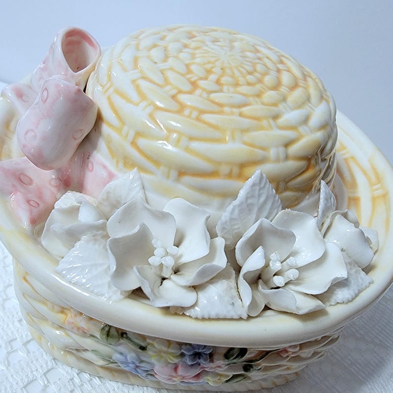 Vintage Ceramic Basket Weave Candy Bowl, Easter Bonnet Bowl With Lid ...
