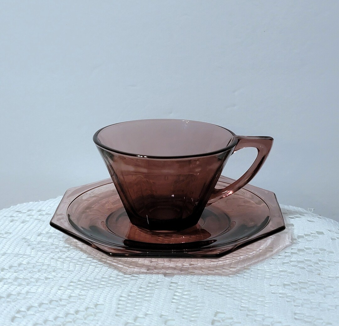 Mid-century Hazel Atlas Amethyst Cup and Saucer, Amethyst Glass Cup ...