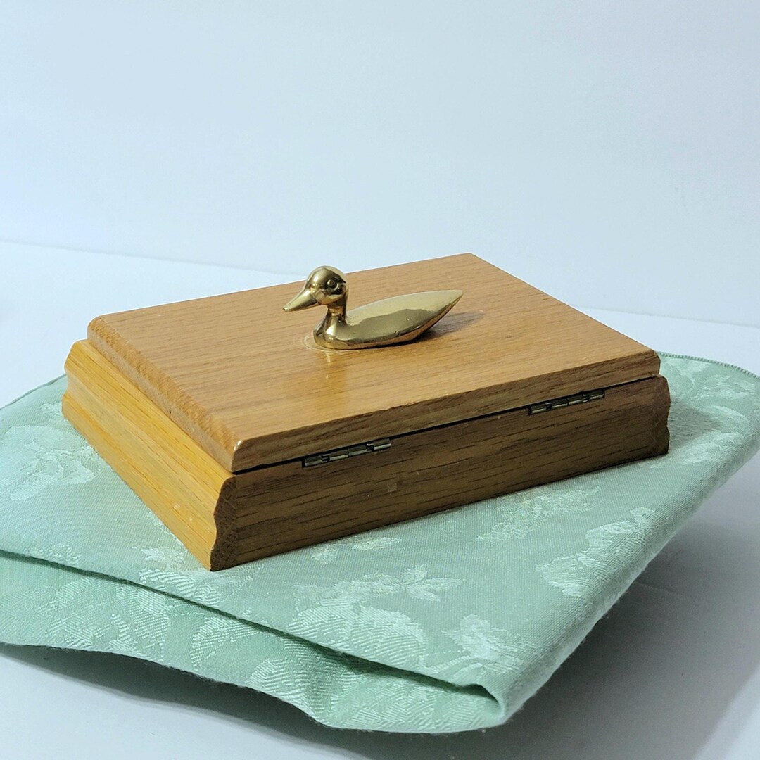 Vintage Solid Oak and Brass Duck Playing Card Box With Cards, Wooden ...