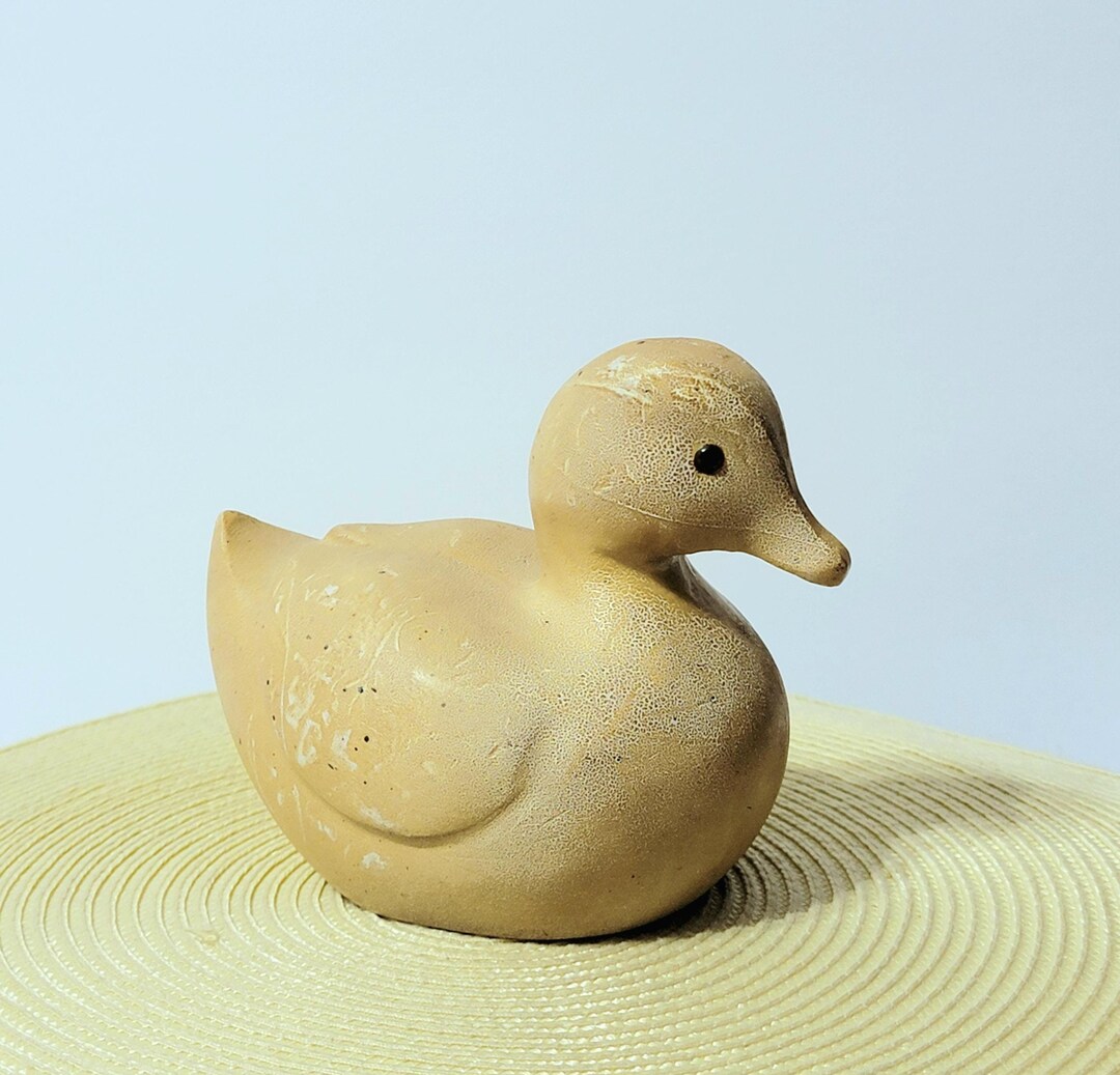 Vintage Rustic Wood-look Pottery Duck Figurine With Glass Eyes, Natural ...