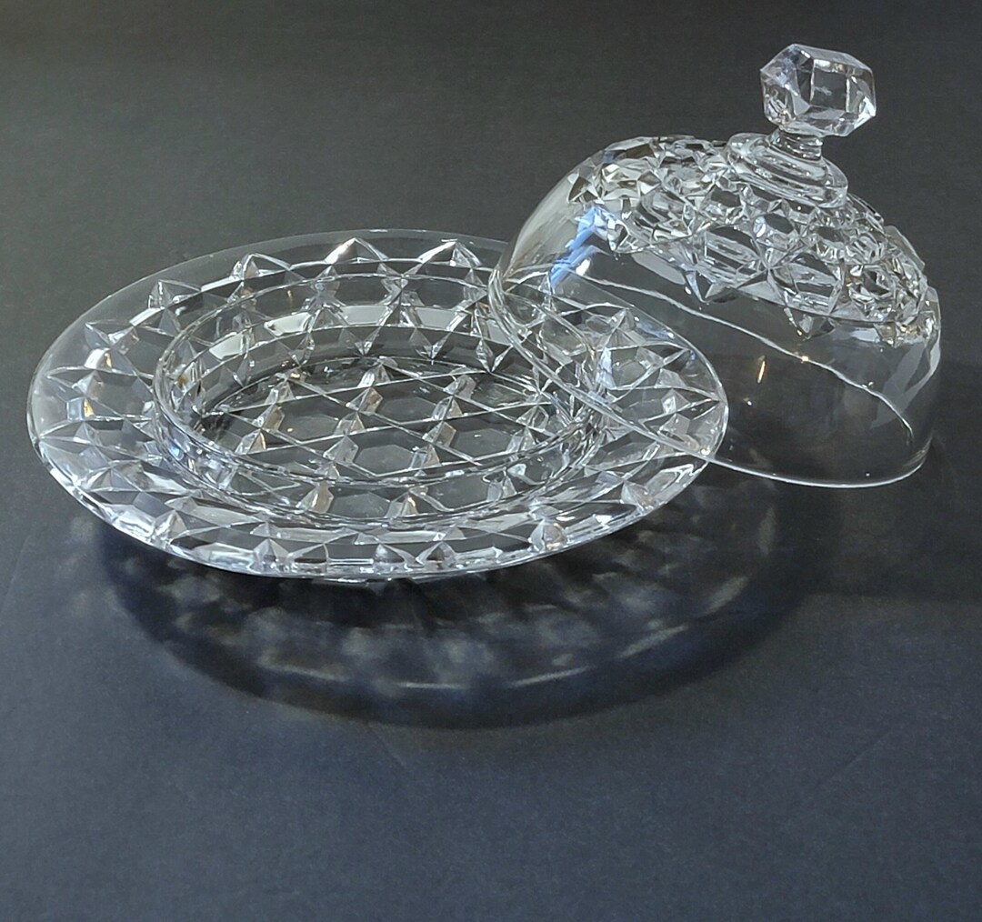 Mid-century Pressed Glass Button Pattern Round Butter Dish, Vintage ...