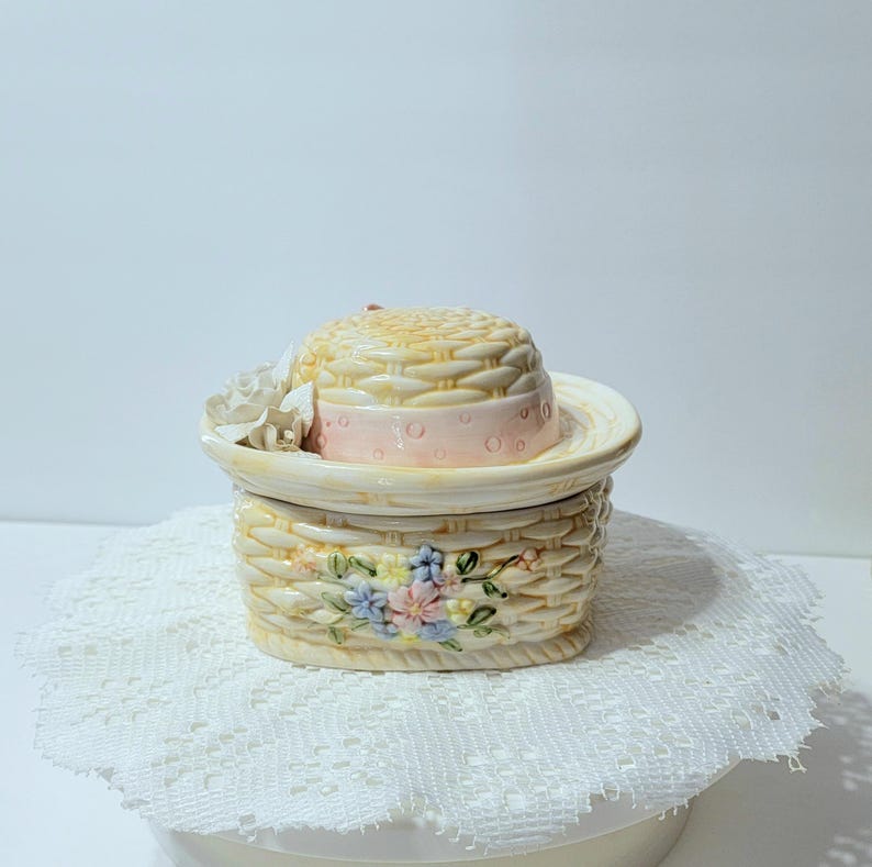 Vintage Ceramic Basket Weave Candy Bowl, Easter Bonnet Bowl With Lid ...