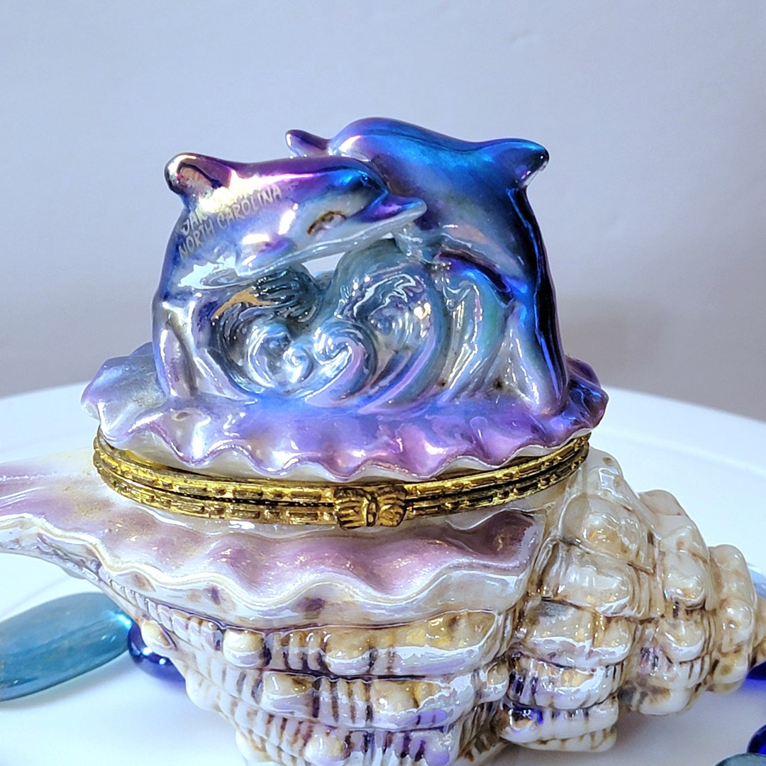1990s Oak Island NC Souvenir Trinket Box, Lusterware Dolphin Trinket ...