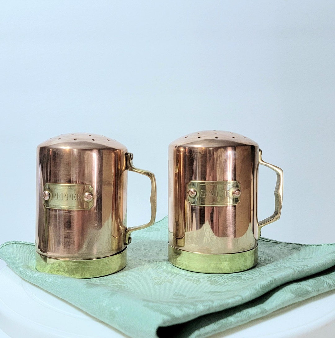 Mid-century Copper and Brass Salt and Pepper Shakers, Large Metal Salt ...