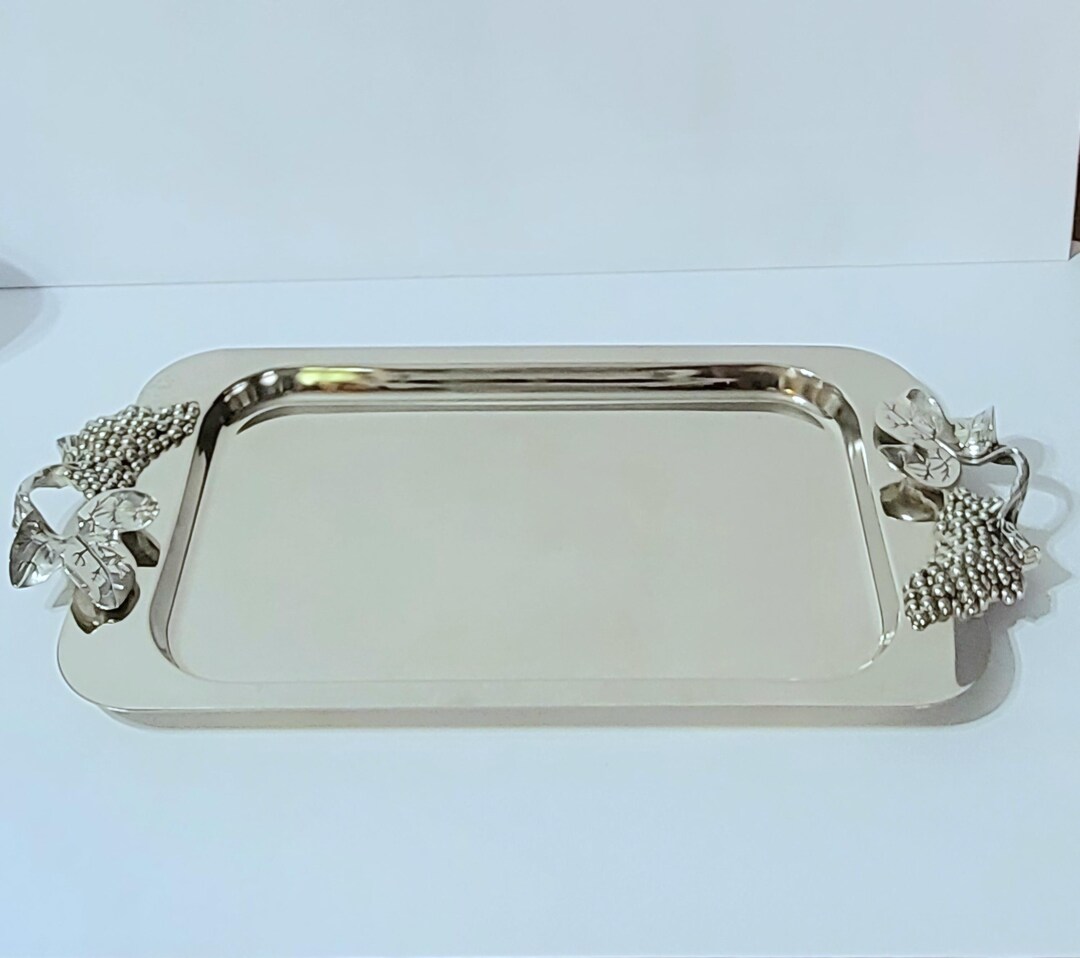 1970s Vintage Godinger Silver Plated Grape and Leaf Pattern Serving Tray, Vintage Grape Handle ...