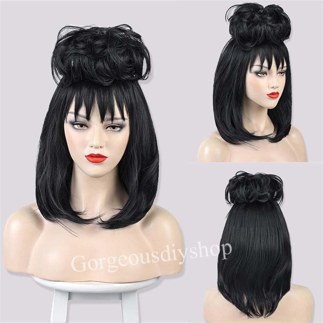 Lydia Deetz Cosplay Wig With Initial Hairpin, Black Messy Bun Hair Wig ...