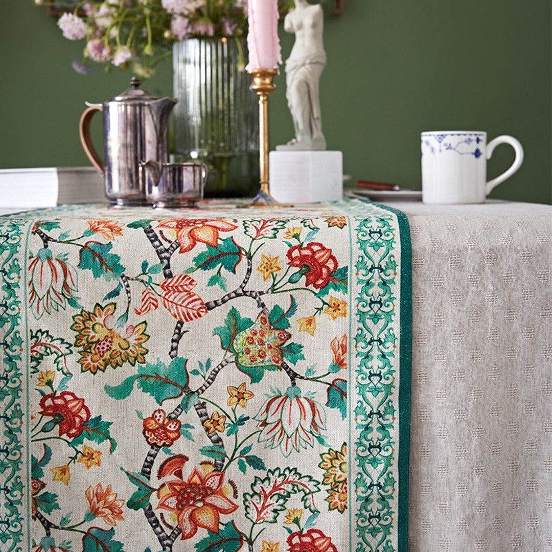 Linen Table Runner With Printed Climbing Flowers Right for Spring and ...