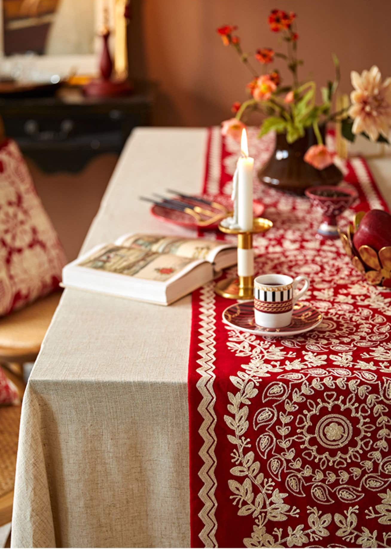 Spring Wheat Crimson Red Embroidery Cotton Thread Table Runner - Etsy