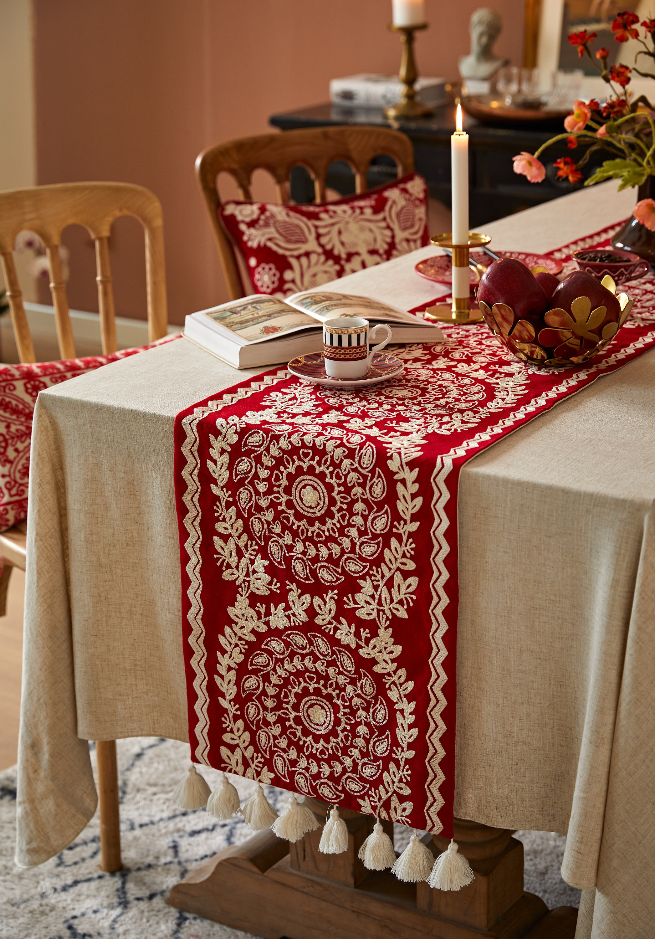Spring Wheat Crimson Red Embroidery Cotton Thread Table Runner - Etsy